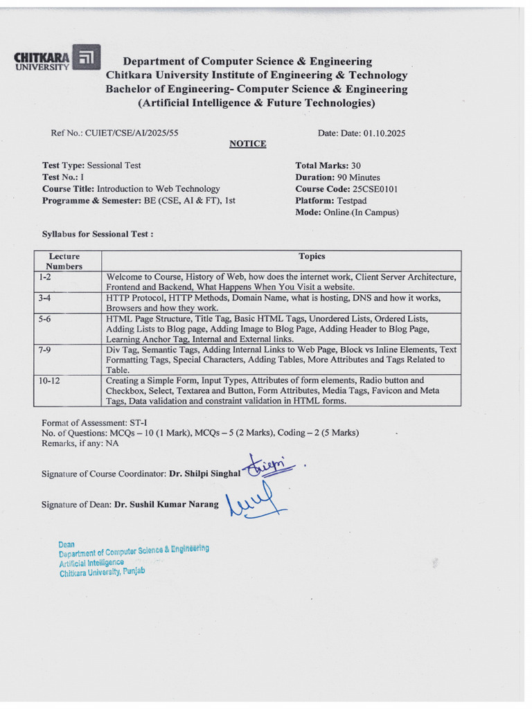 Circular 20251003160007 Aift-Introduction to Web Technology, 1st Sem | PDF