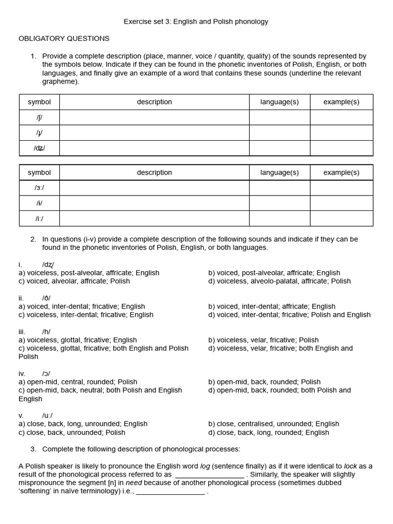 Exercise Set 3 - Polish and English Phonetics and Phonology | PDF | Stress (Linguistics ...