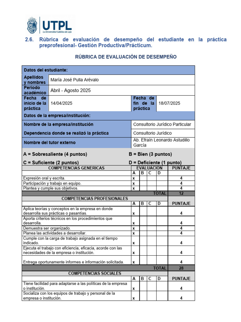 RÚBRICA DE EVALUACIÓN - PULLA AREVALO MARIA JOSE | PDF | Conocimiento ...