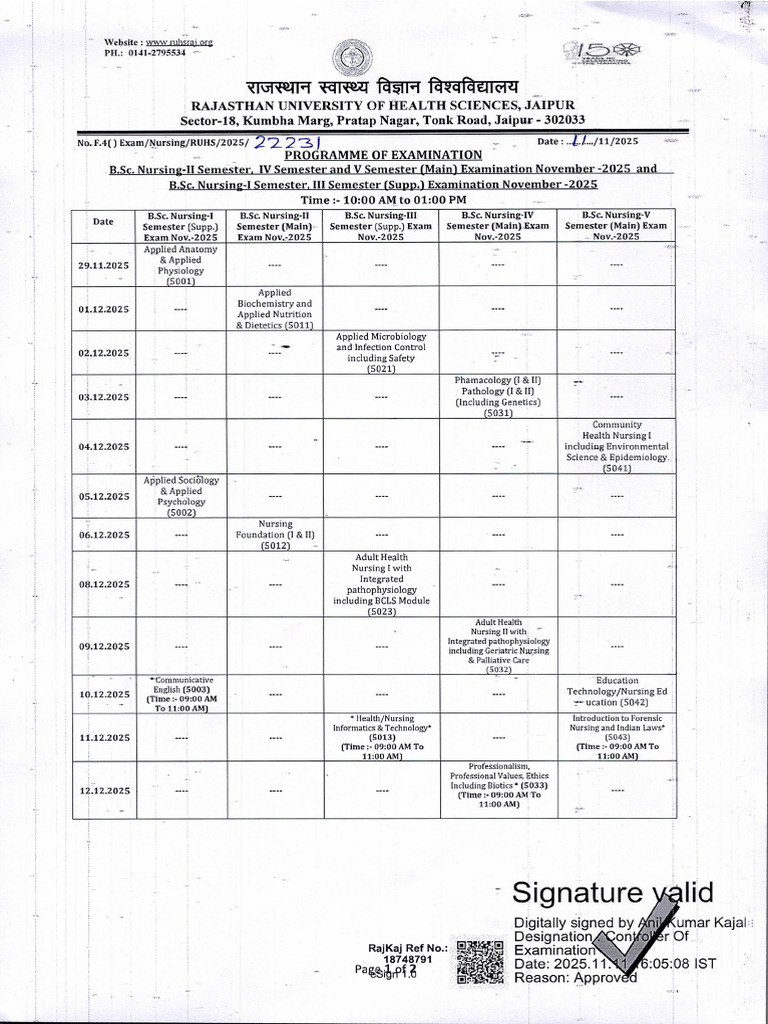 Time Table of BSC Nursing II Sem To V Sem (Main) and I and III Sem ...