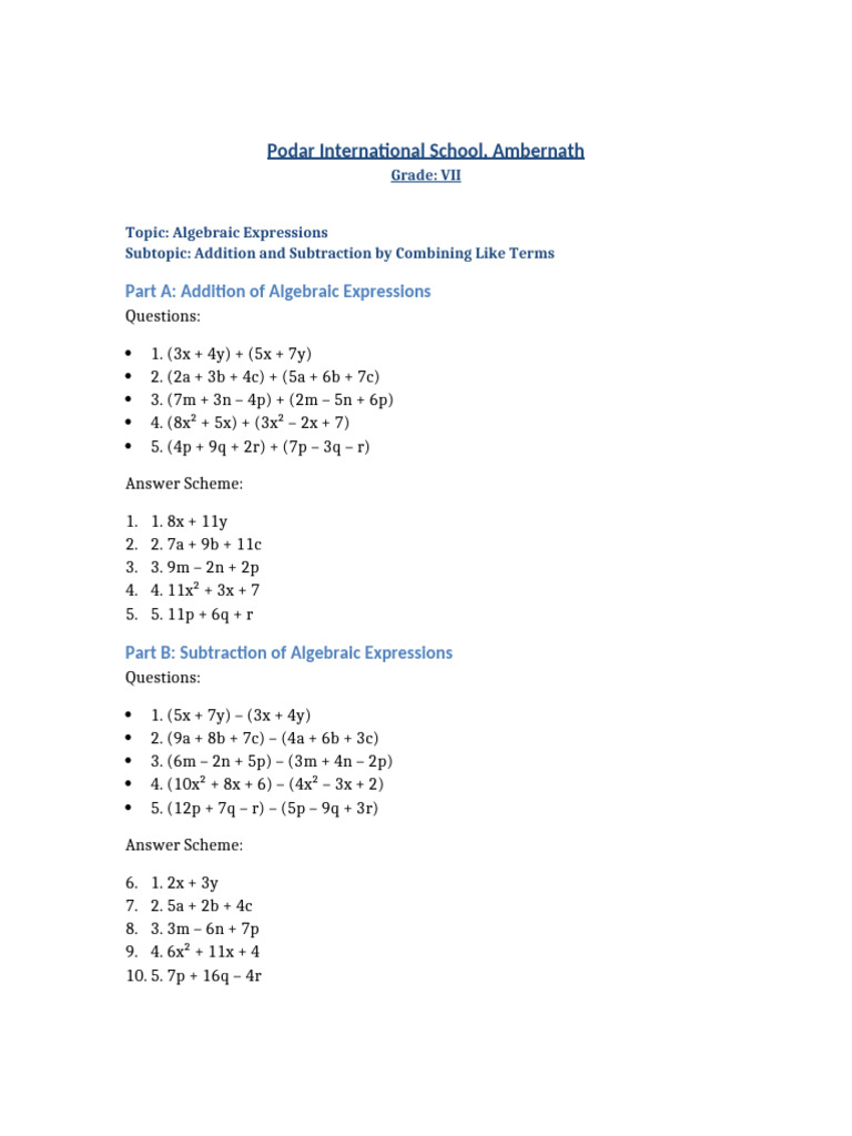 Algebraic Expressions Addition Subtraction | PDF