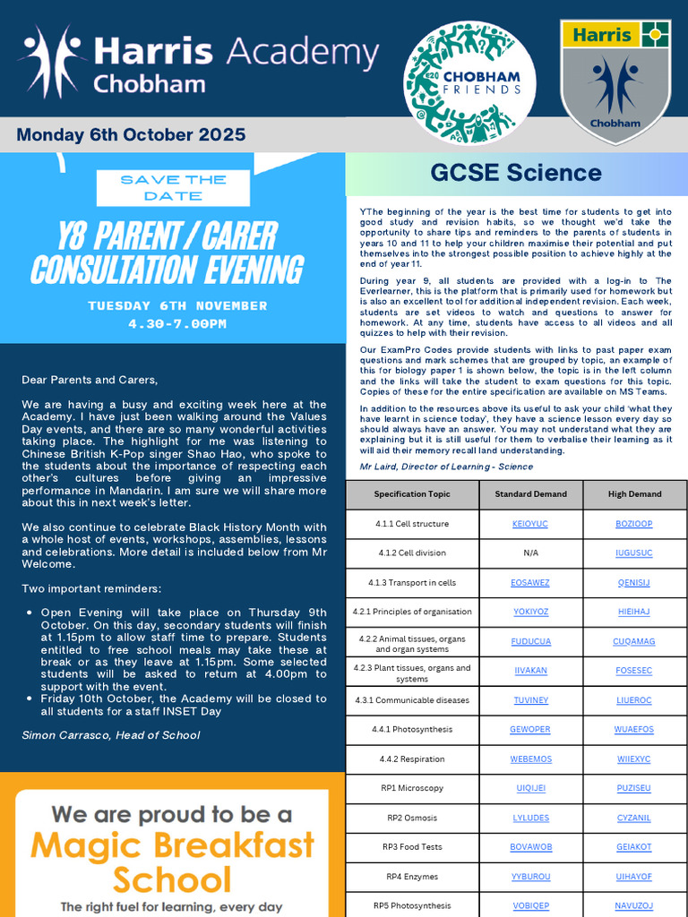 Harris Academy Chobham Secondary Newsletter 06-10-2025 | PDF | Physical ...