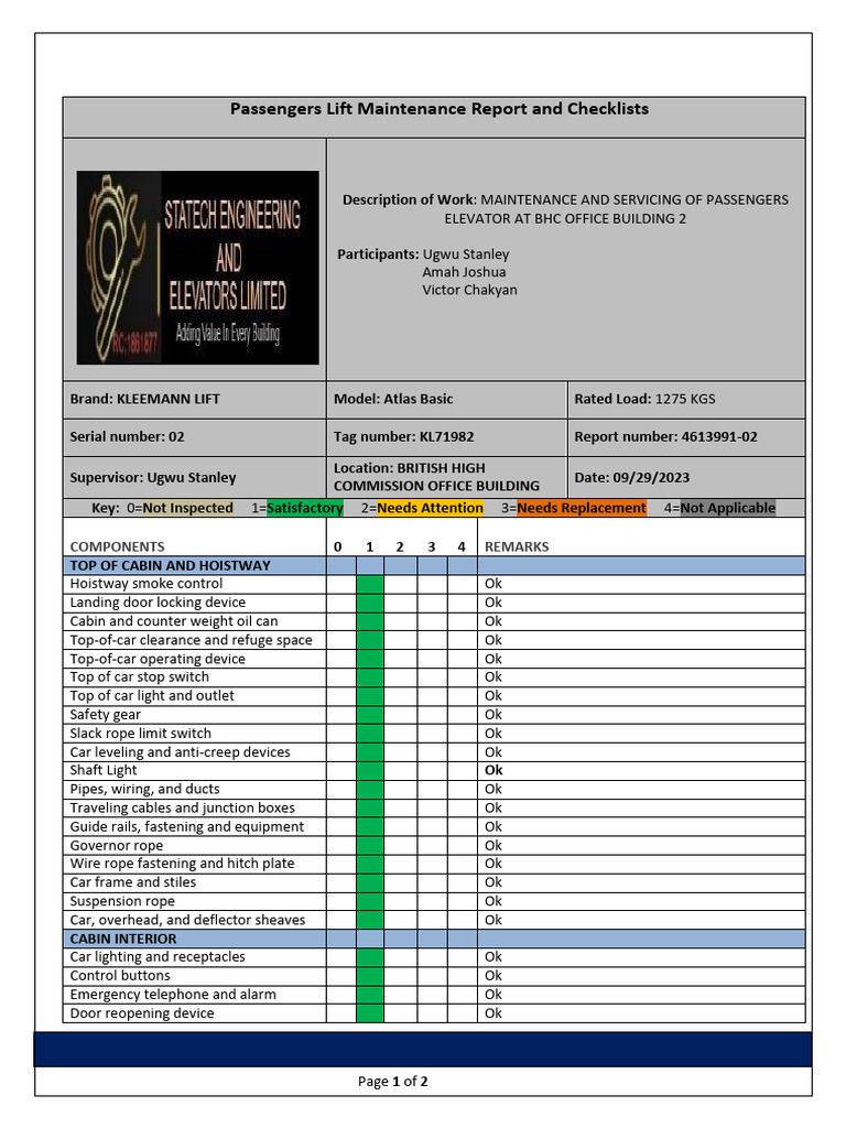 Statech Engineering Maintenance Report For Office Passenger Elevator 2 ...