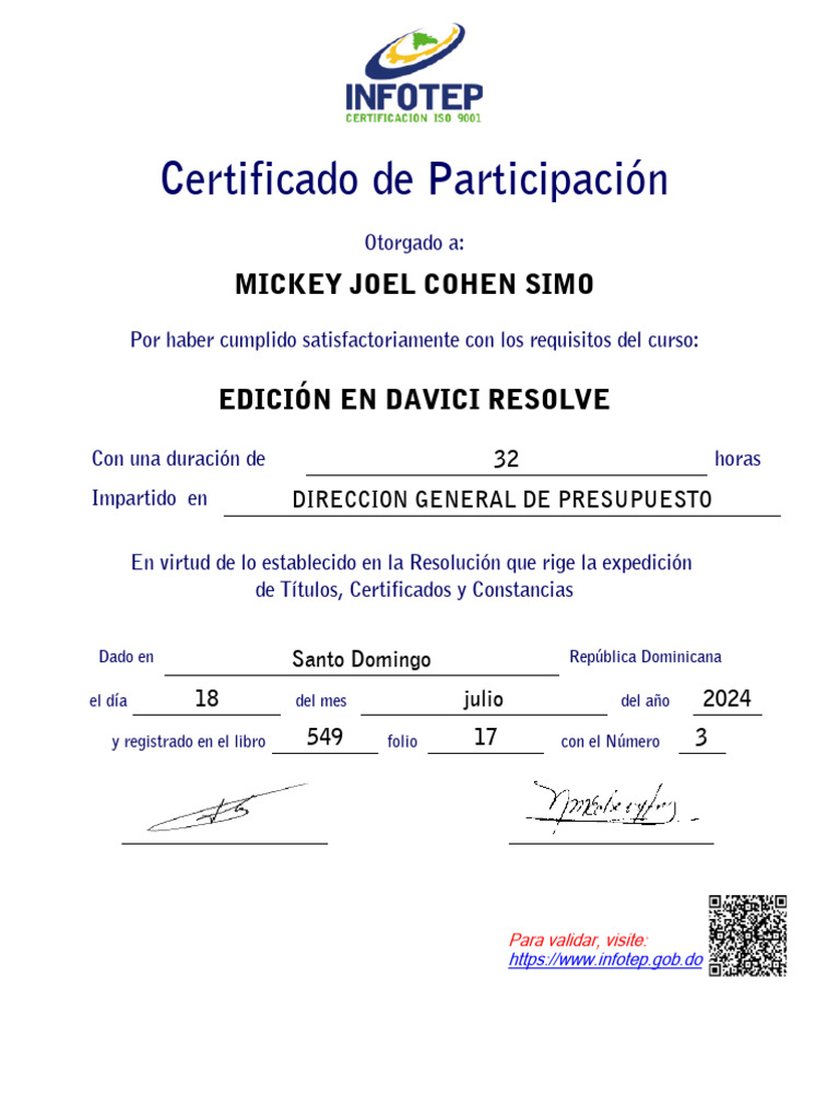 Mickey Joel Cohen Simo - DAVINCI RESOLVE INFOTEP - CERTIFICACIÓN | PDF