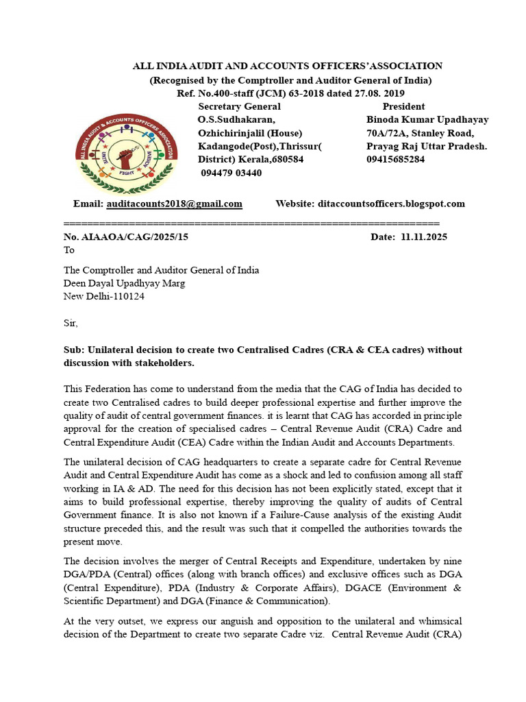 Letter To CAG On Creation of Two New Central Cadres (CRA& CEA Cadres ...