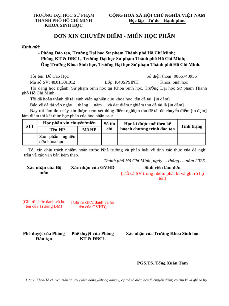 Form - Don Xin Chuyen Diem - Mien Hoc Phan - Nganh SP Sinh Hoc | PDF