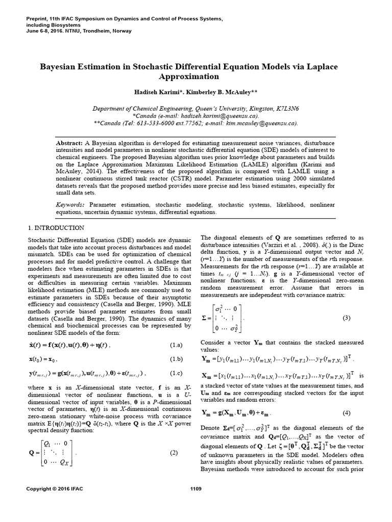 Bayesian Estimation in Stochastic Differential Equation Models Via Laplace Approximation | PDF ...