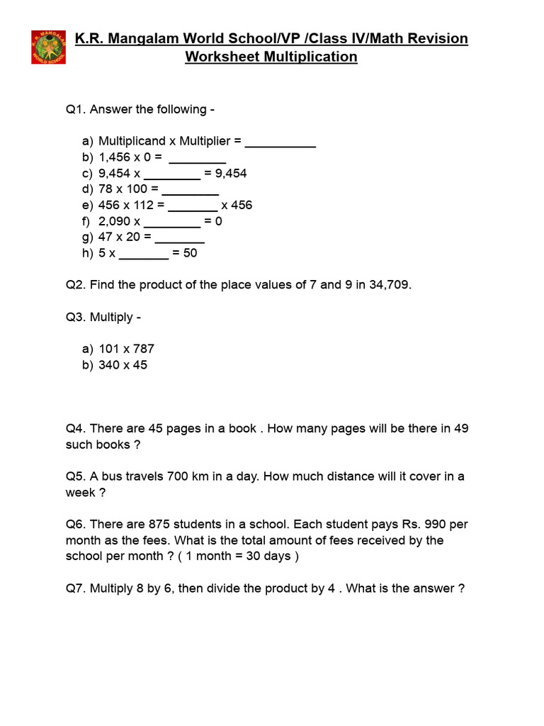 Class IV Math Revision: Multiplication Worksheet | PDF