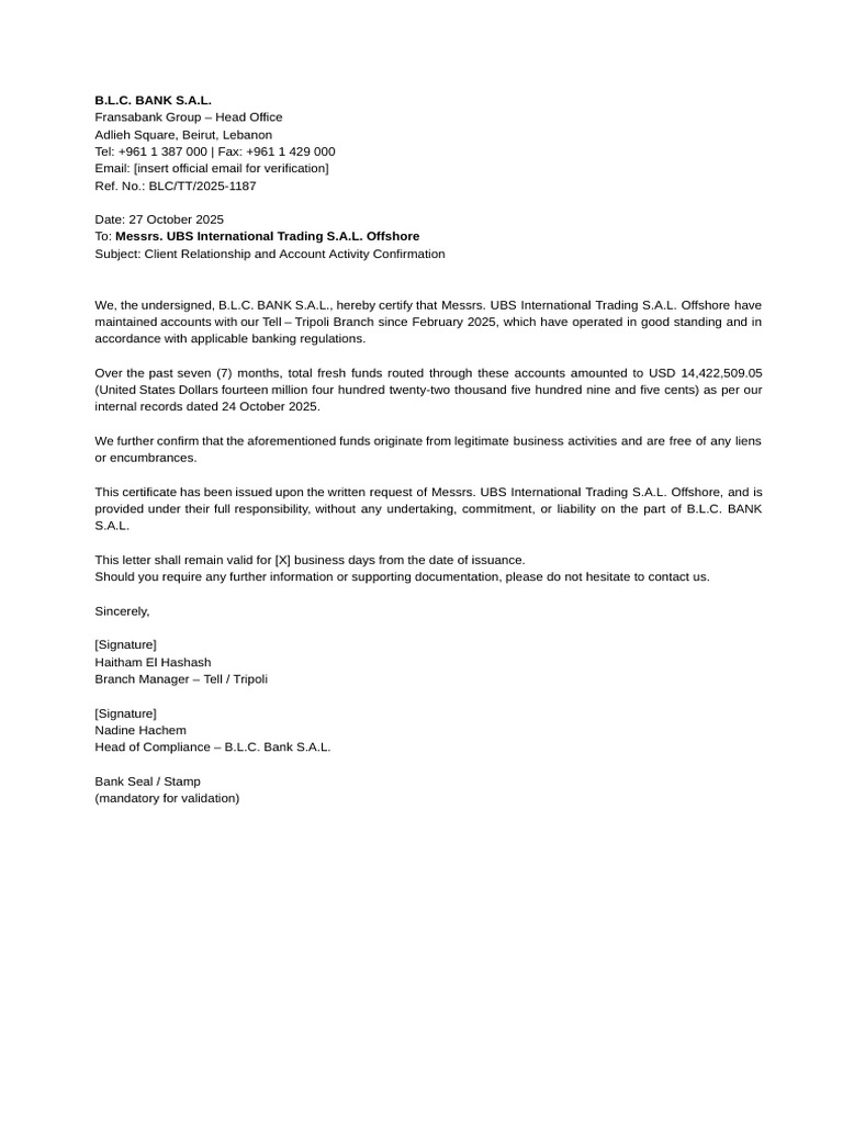 Sample - Bank Certificate Template (Bank Format) | PDF