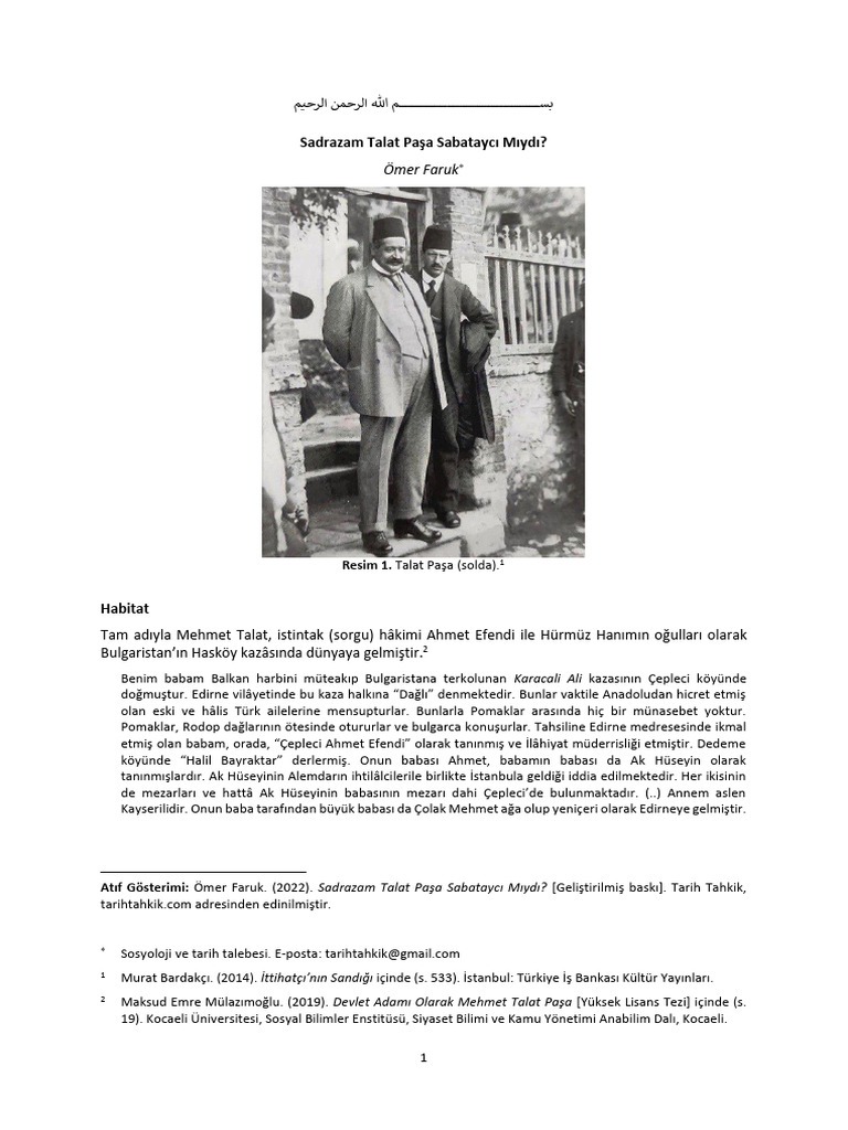 Sadrazam Talat Paşa Sabataycı Mıydı - Ömer Faruk | PDF