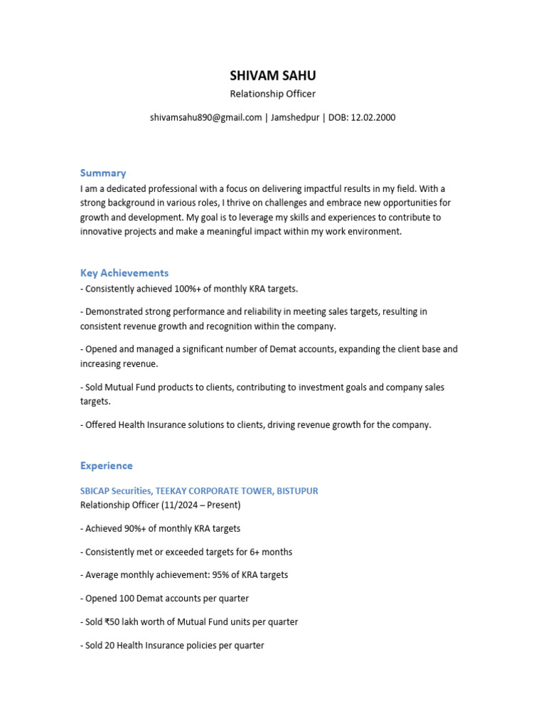 Shivam Sahu CV Template | PDF