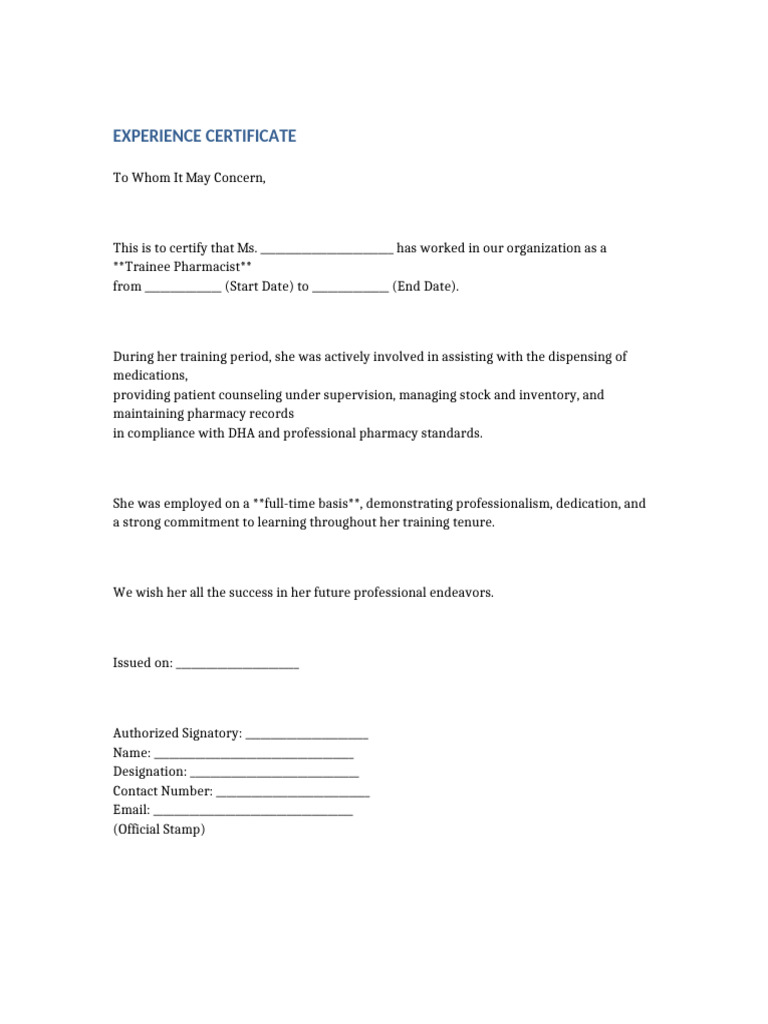 Trainee Pharmacist Experience Certificate Template No Company Info | PDF