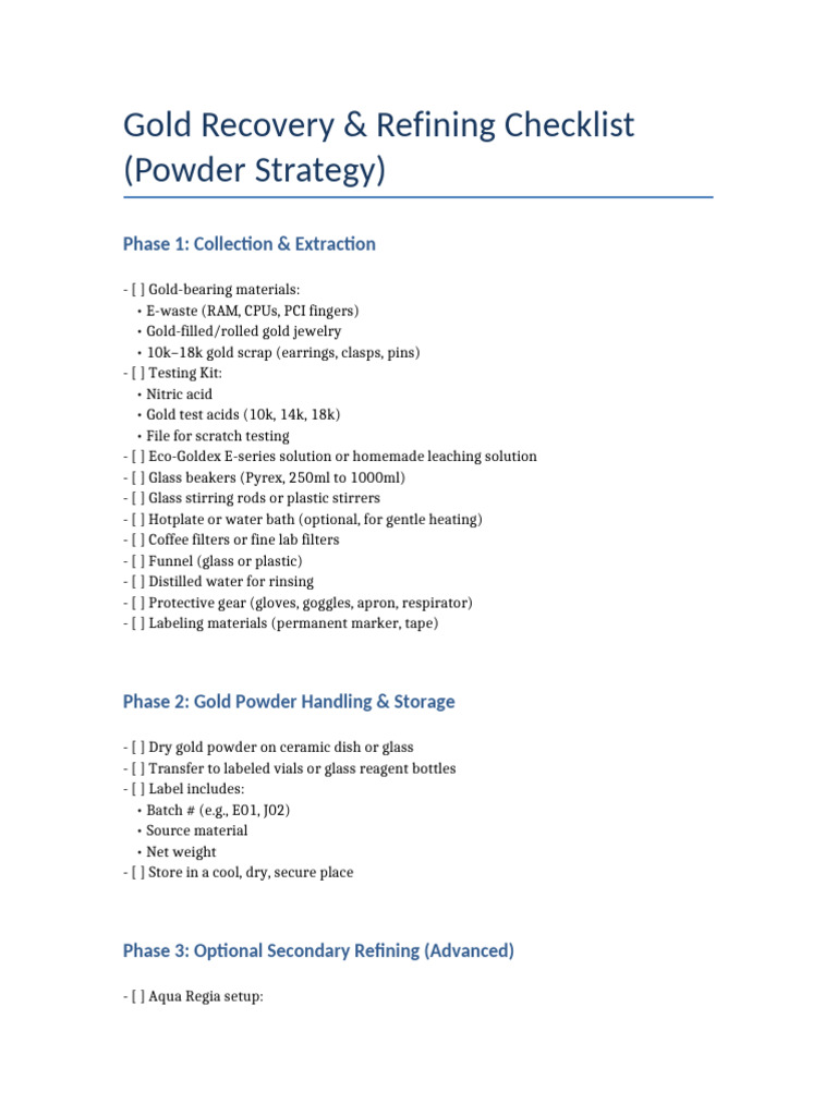 Gold Powder Recovery Refining Checklist | PDF