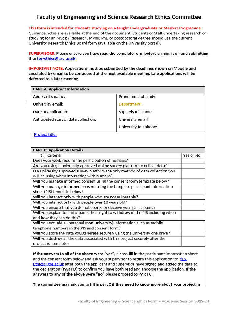 FREC Ethics Form 2023-24 Under Grad & MSC Students | PDF | Consent ...