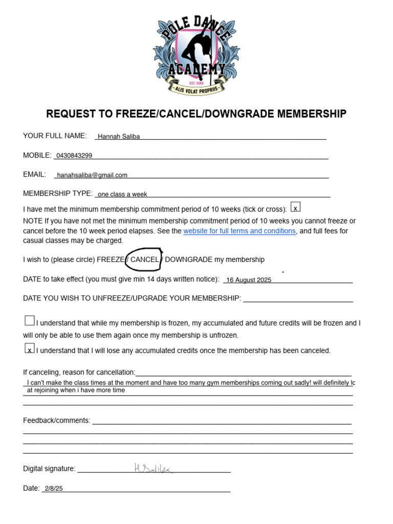 Freeze Cancel Downgrade Form 3 | PDF