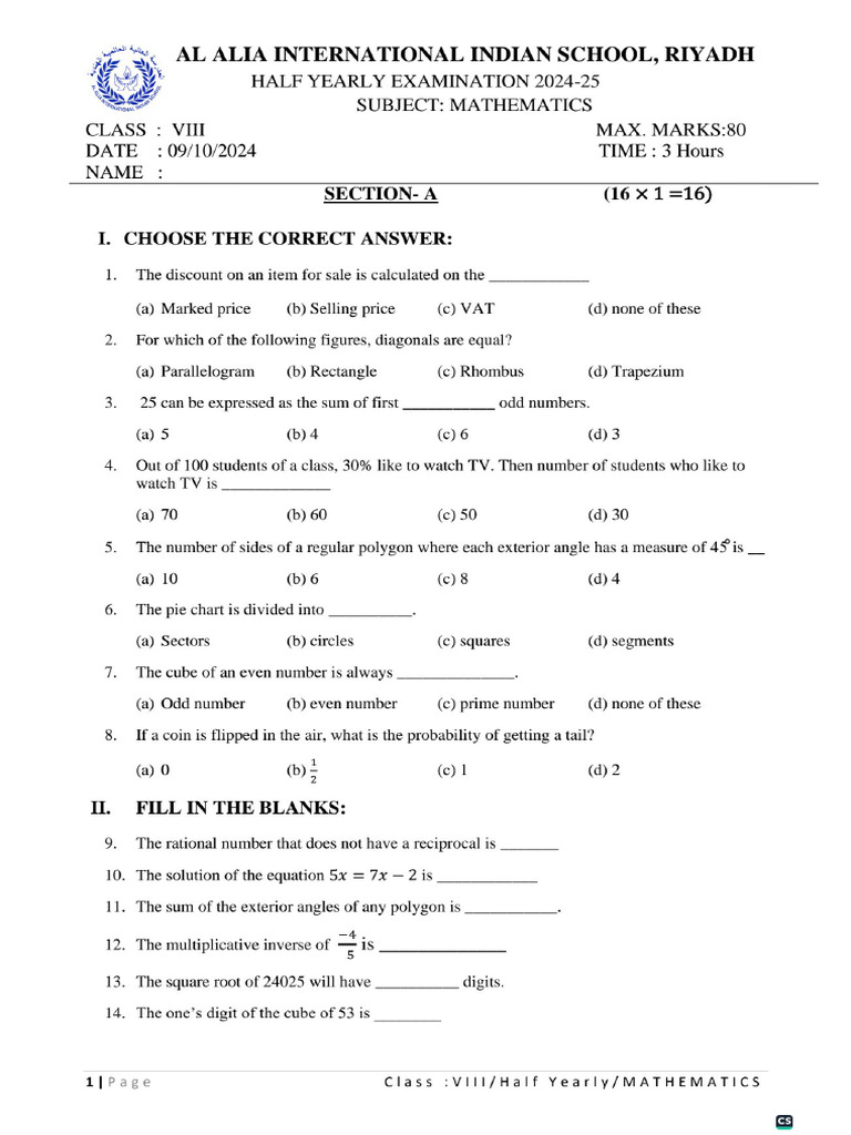 Class 8 Mathematics Hy QP 2024-25 | PDF