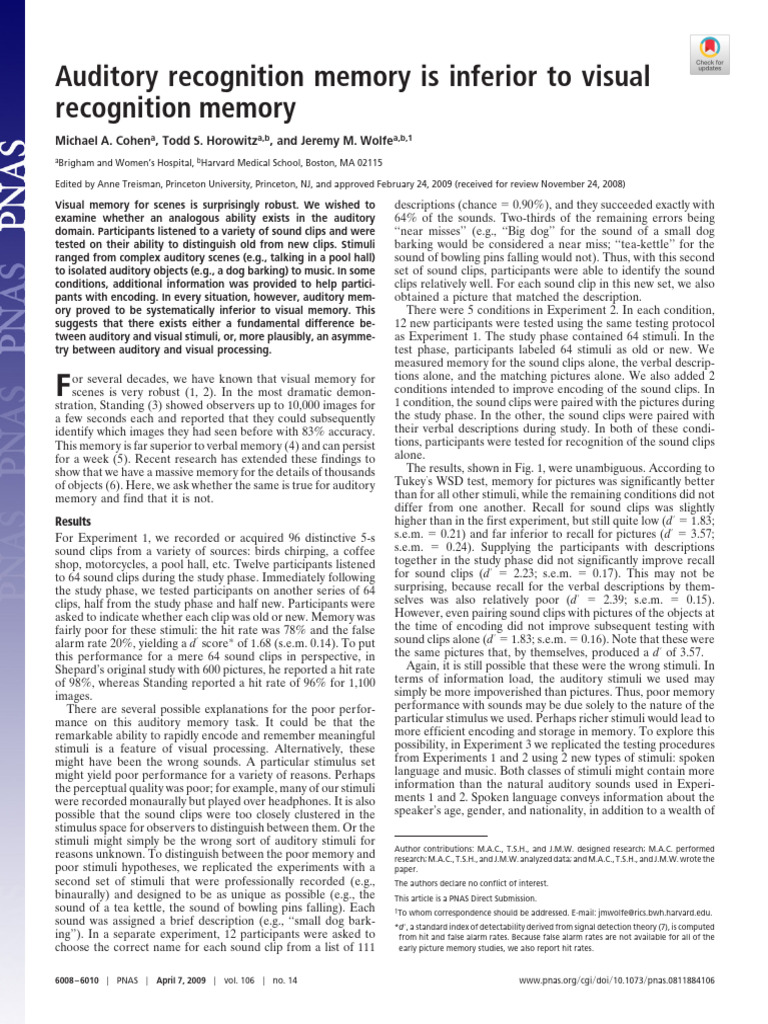Cohen Et Al 2009 Auditory Recognition Memory Is Inferior To Visual ...