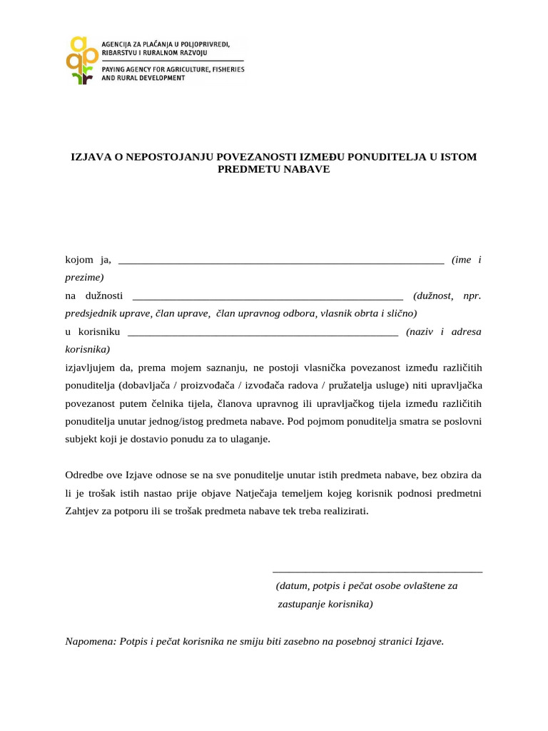 Izjava o Nepostojanju Povezanosti Izmedu Ponuditelja 7 | PDF