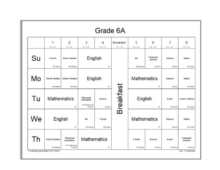 Grade 6 Timetable | PDF