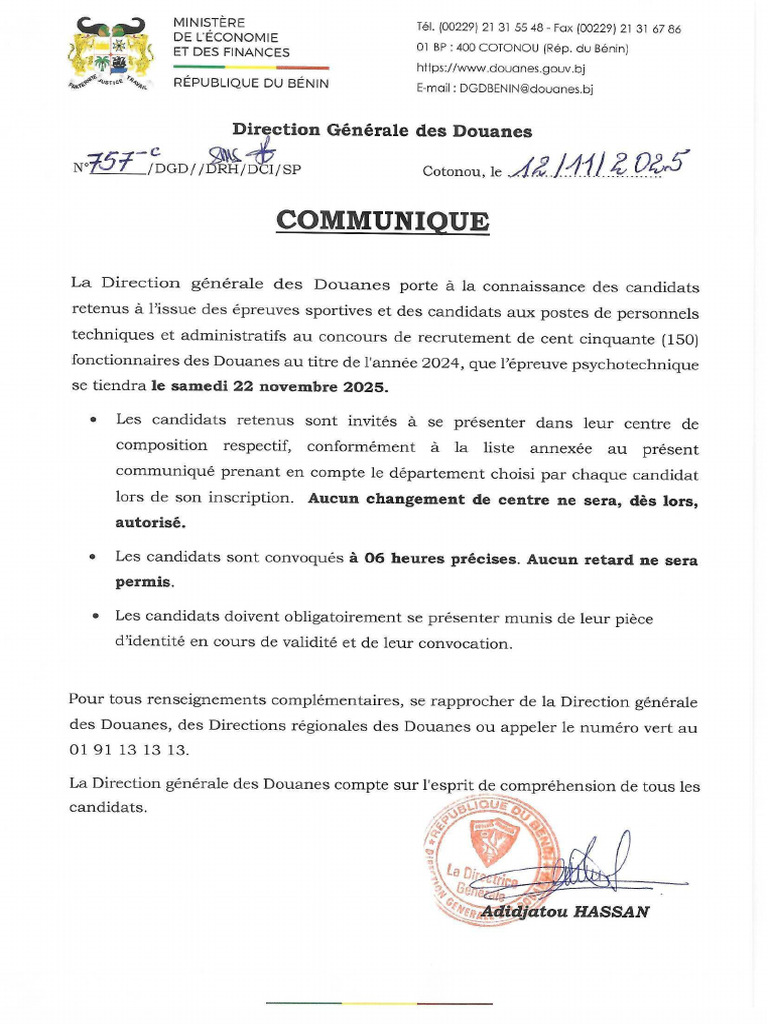 Communique N°757-C Du 12.11.2025 Portant Convocation Candidats Aux ...