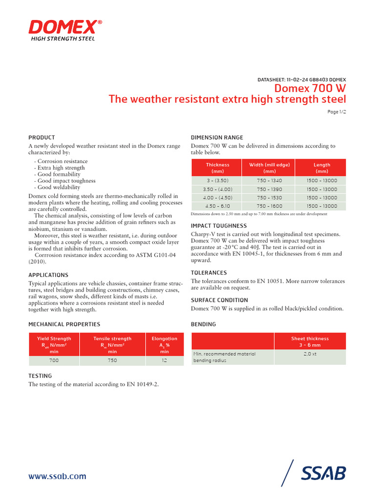 403 - Domex 700 W | PDF | Steel | Strength Of Materials