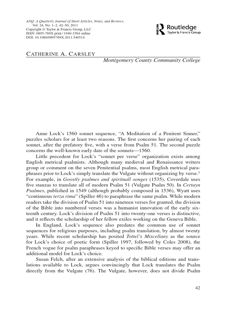 Anne Lock's Unique Psalm 51 Sonnet Structure | PDF | Chapters And ...