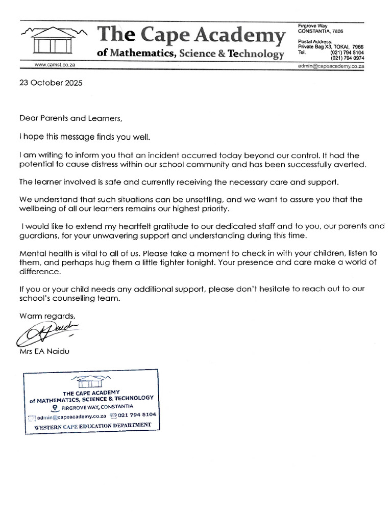 Letter To Parents 23 October 2025 | PDF