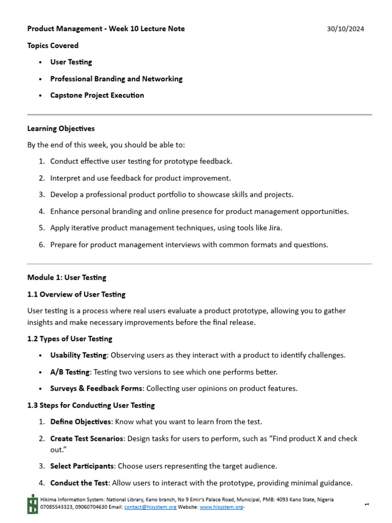 Lecture Note Week 10 Product Management | PDF | Usability | Educational ...