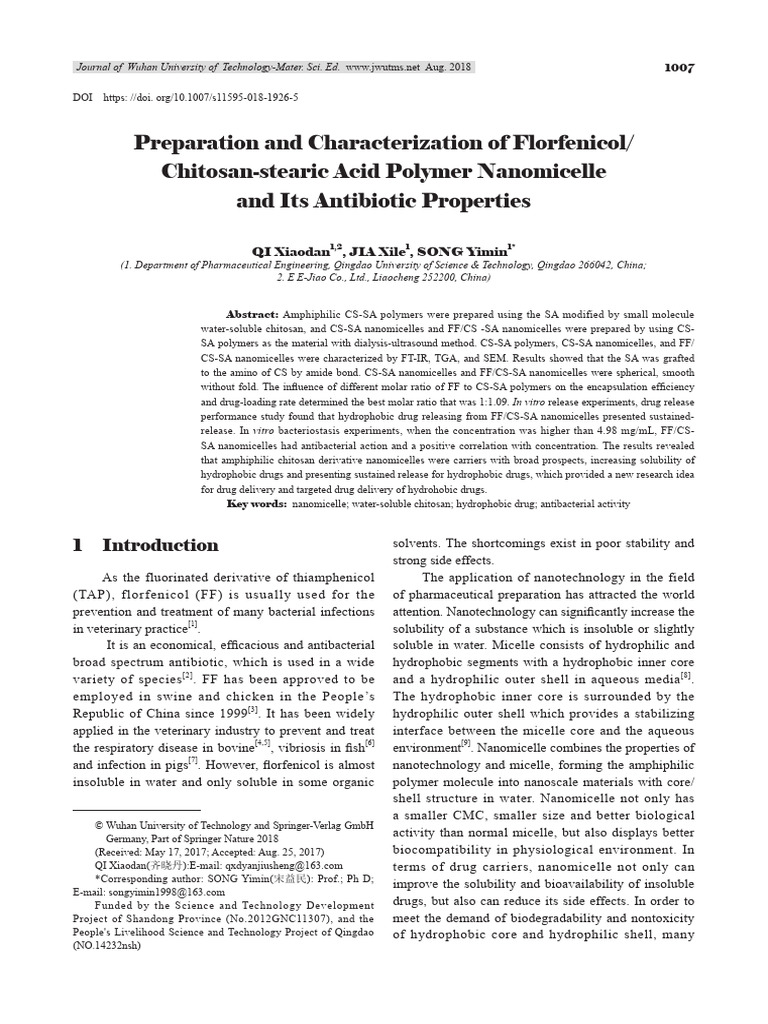 Preparation and Characterization of Florfenicol-Chitosan-stearic Acid ...