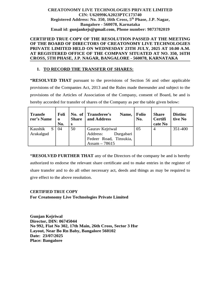 BM Resolution - Share Transfer - Creatonomy | PDF
