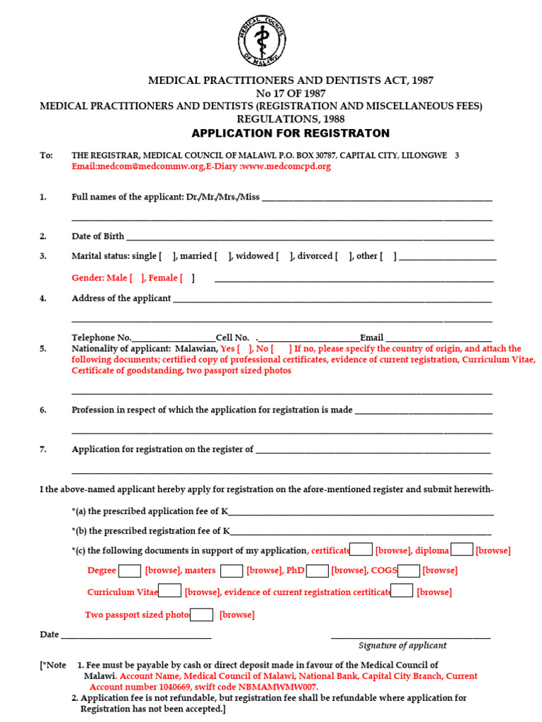 APPLICATION - FORM Medical License Malawi 2018 | PDF