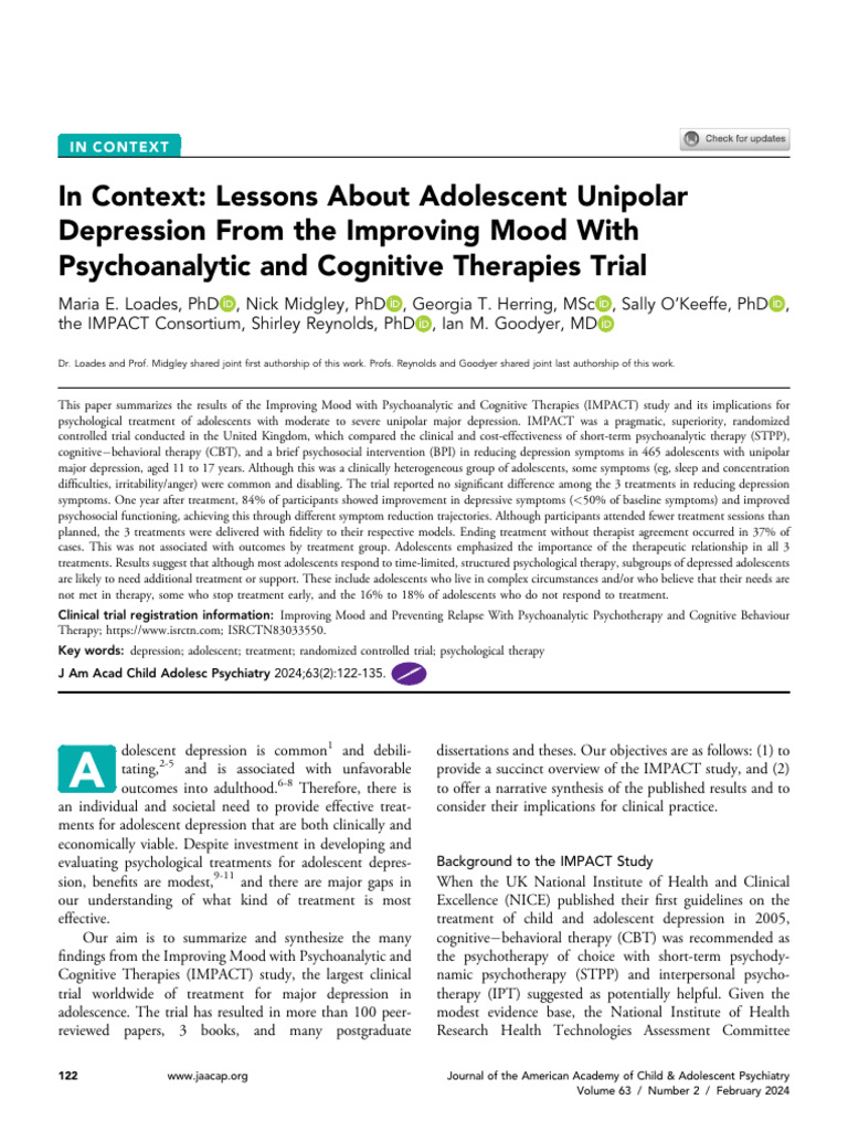 In Context: Lessons About Adolescent Unipolar Depression From The ...