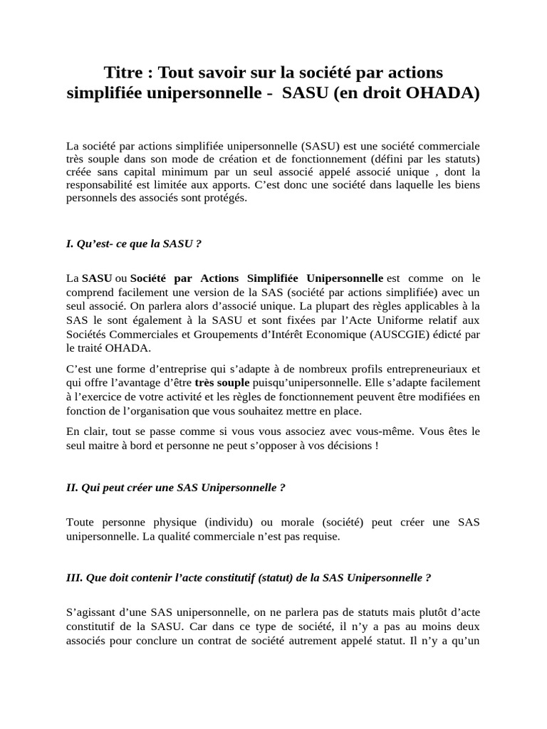 Guide complet sur la SASU en OHADA | PDF | Business