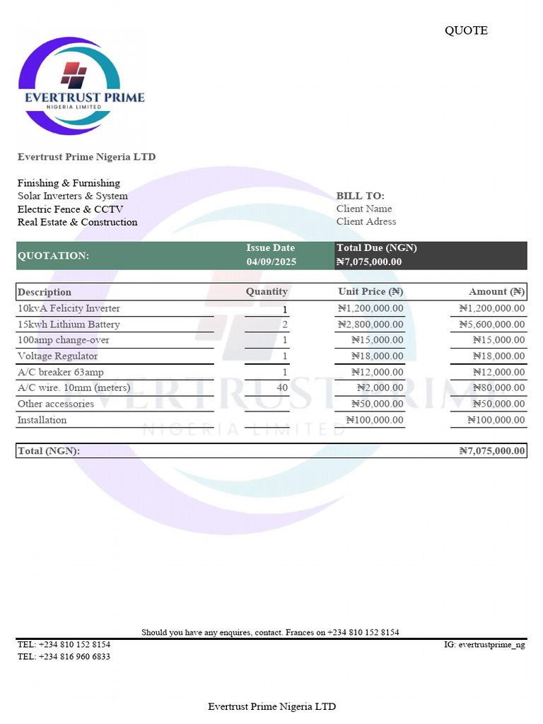 Evertrust Prime Nigeria: Solar Inverter Quote | PDF
