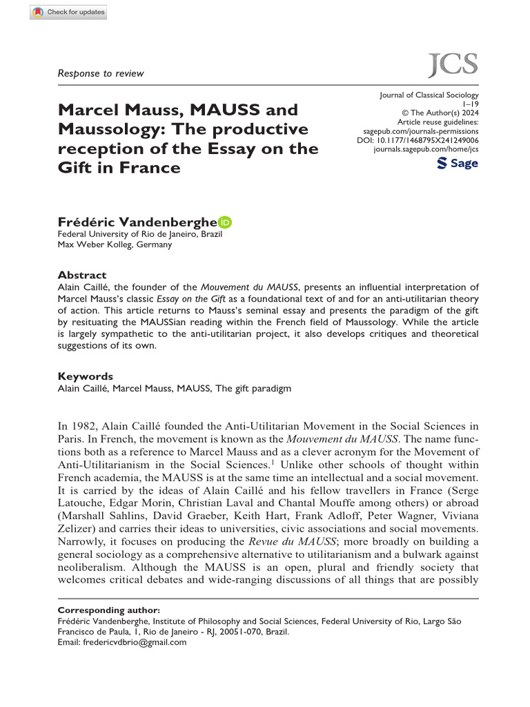 Vandenberghe 2024 Marcel Mauss Mauss and Maussology The Productive ...