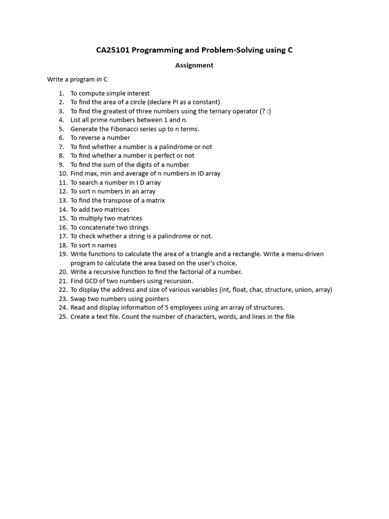 C Programming Assignment Tasks List | PDF