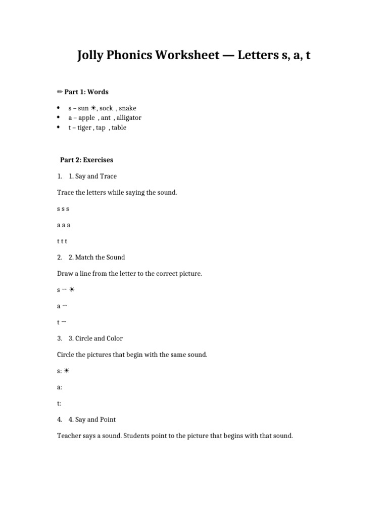 Jolly Phonics S A T Worksheet | PDF