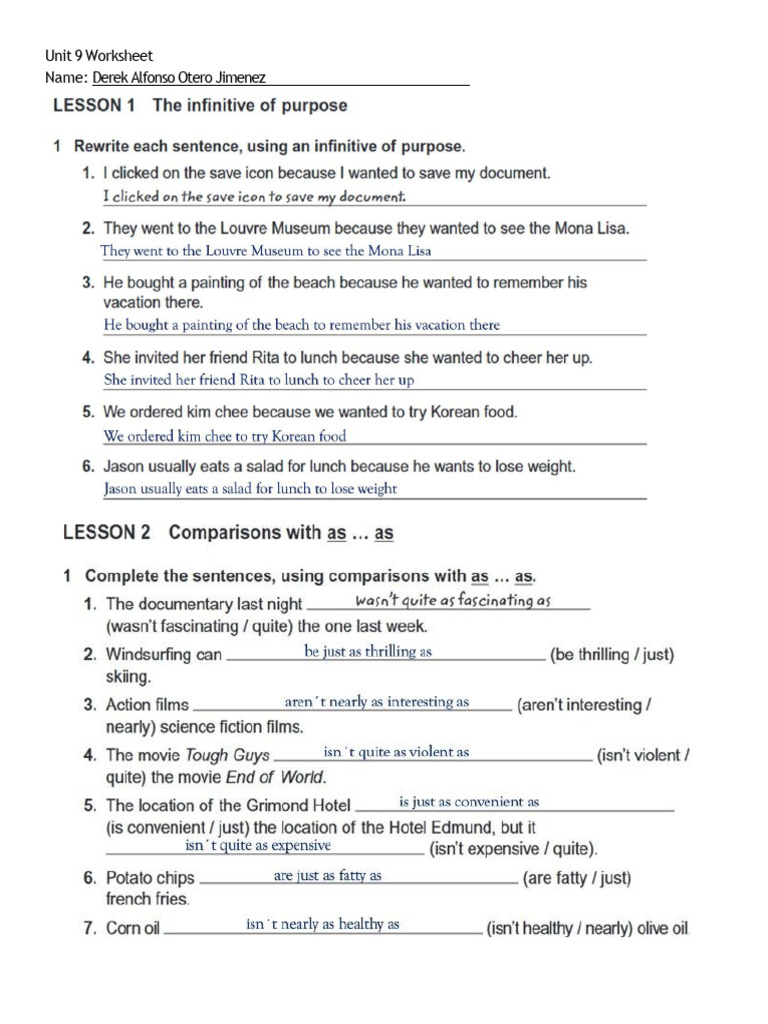Unit 9 Worksheet Top Notch - DeREK OTERO | PDF