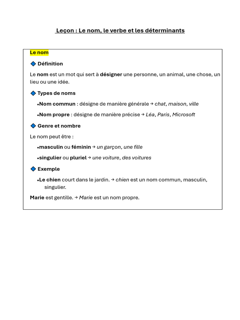 Noms, verbes et déterminants en français | PDF