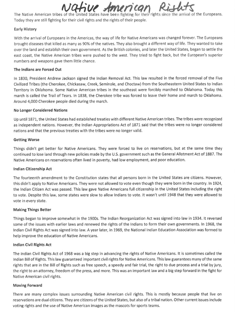 Native American Rights Worksheet | PDF