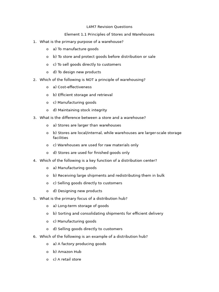 L4M7 Element 1.1 Revision Questions | PDF | Warehouse | Inventory