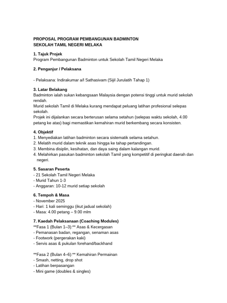 Proposal Program Badminton 1 Tahun | PDF