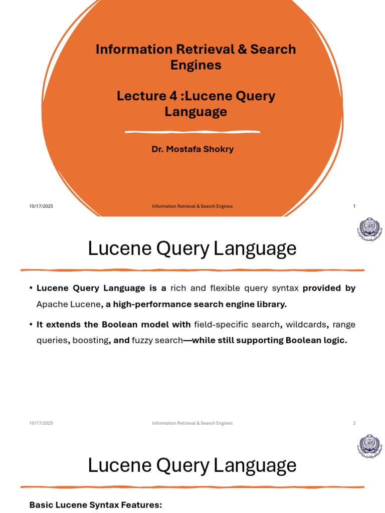 Lecture 4 Lucene Query Language | PDF | Information Retrieval | Applied Mathematics