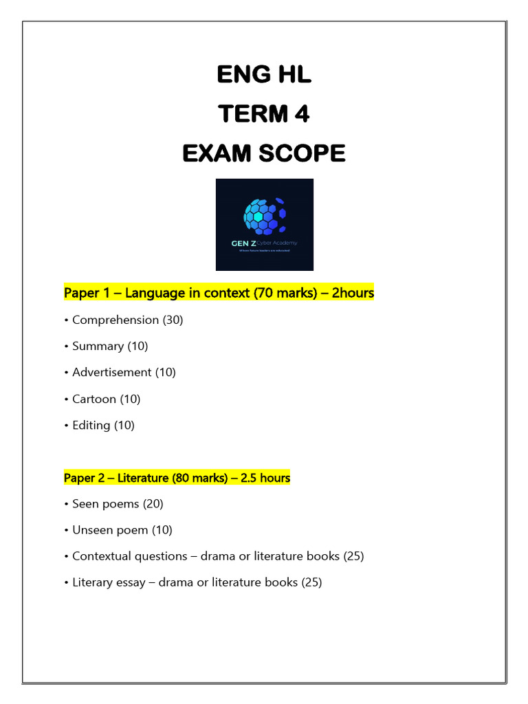 English HL Term 4 Exam Scope | PDF