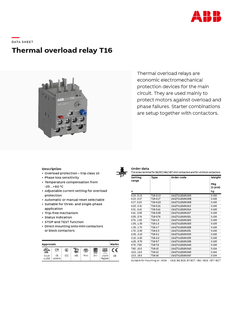 Thermal Overload Relay T16 Data Sheet | PDF | Relay | Alternating Current
