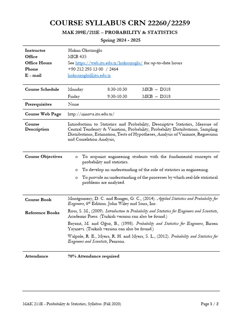 MAK 209E-Probability and Statistics-Spring - 2024-2025 - Syllabus - V2 | PDF | Statistics ...