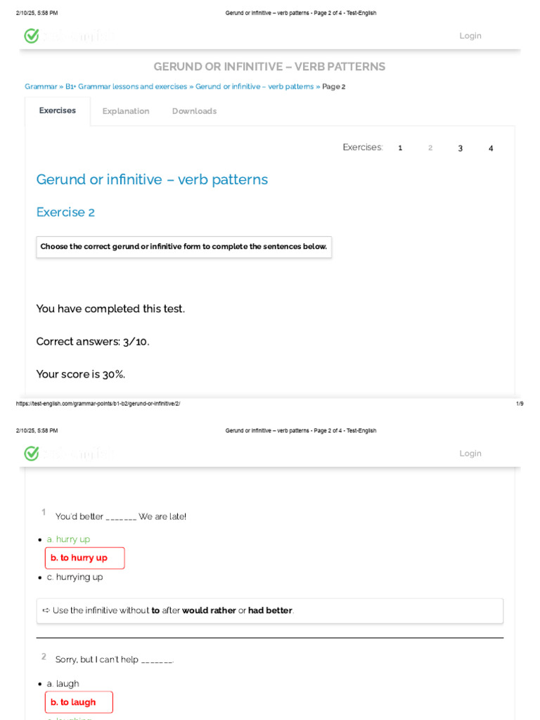 Gerund or Infinitive - Verb Patterns - Page 2 of 4 - Test-English | PDF ...
