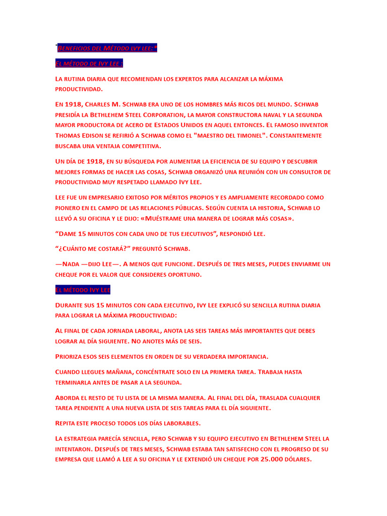 Beneficios del Método Ivy Lee | PDF