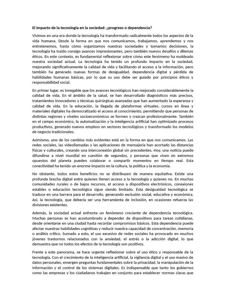 Tecnología: Progreso y Dependencia Social | PDF | Sociedad ...