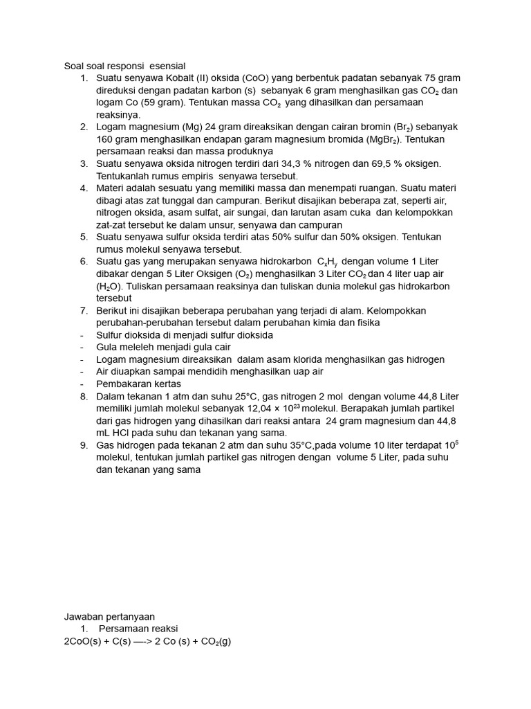 Soal Soal Responsi Esensial Dan Stoikiometri | PDF